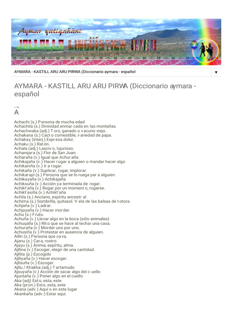 ¡Jallalla Lingüística Upea! Aymara - Kastill Aru Aru Pirwa (Diccionario Aymara - Español | PDF ...