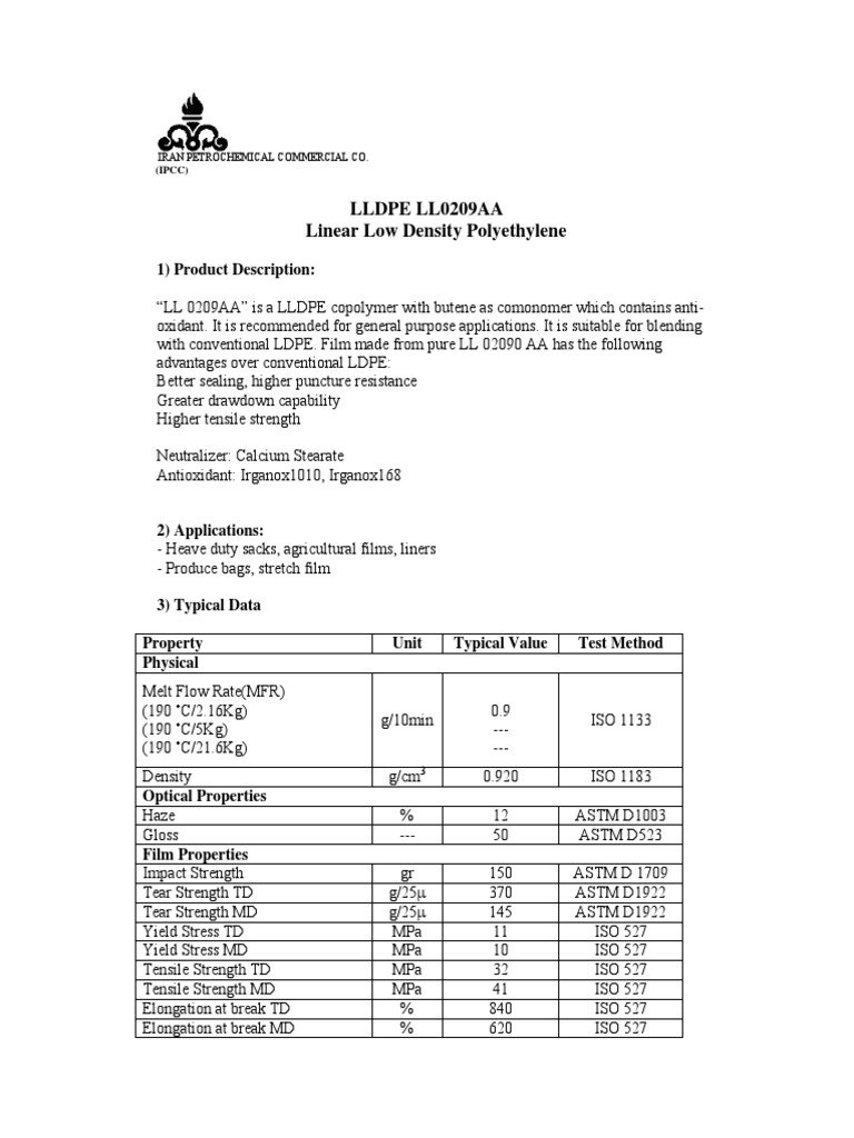 Lldpe Ll0209Aa Linear Low Density Polyethylene: 3) Typical Data Test ...