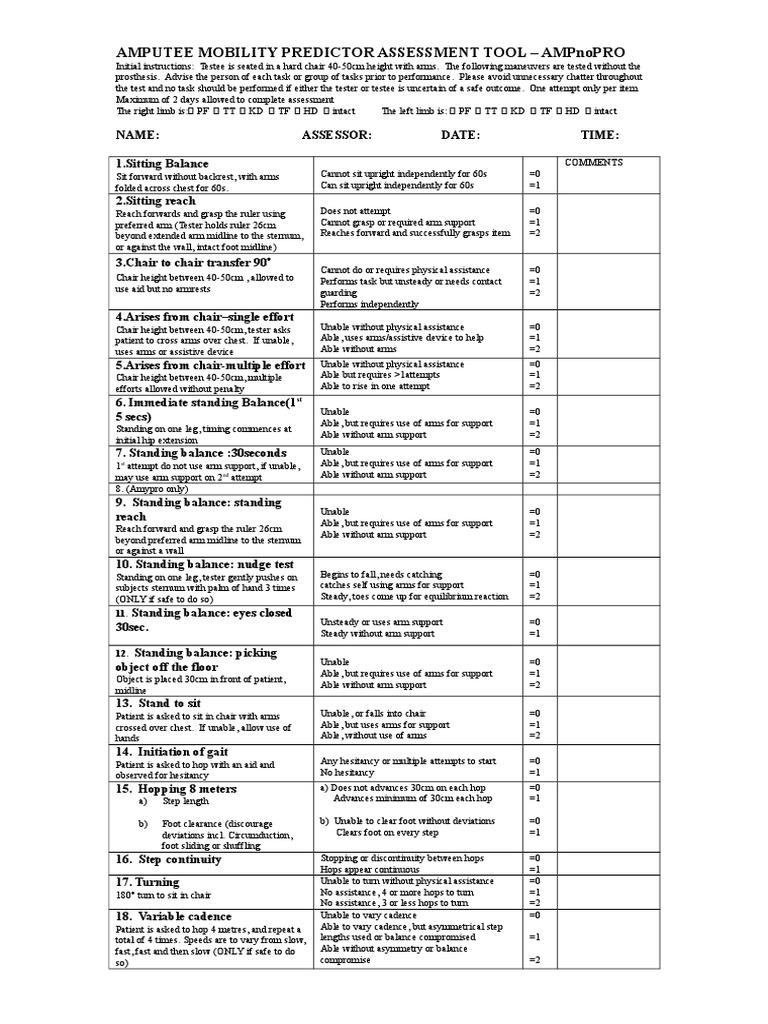 Amputee Mobility Predictor Assessment Tool - Ampnopro: ST ND | PDF ...