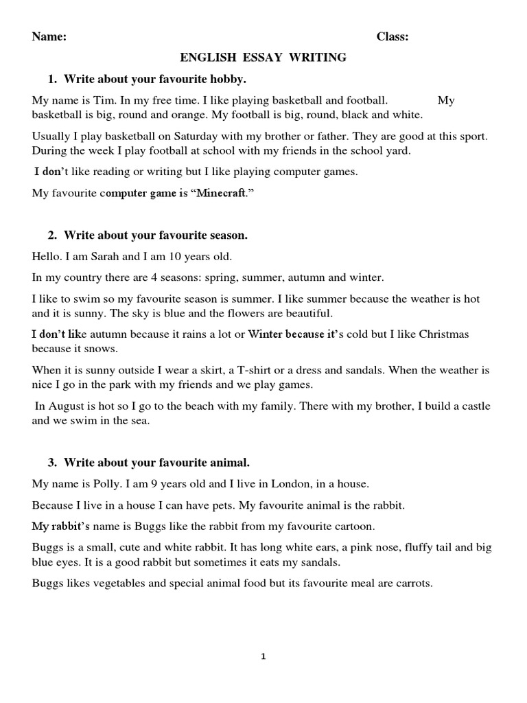 Name: Class: English Essay Writing 1. Write About Your Favourite Hobby ...