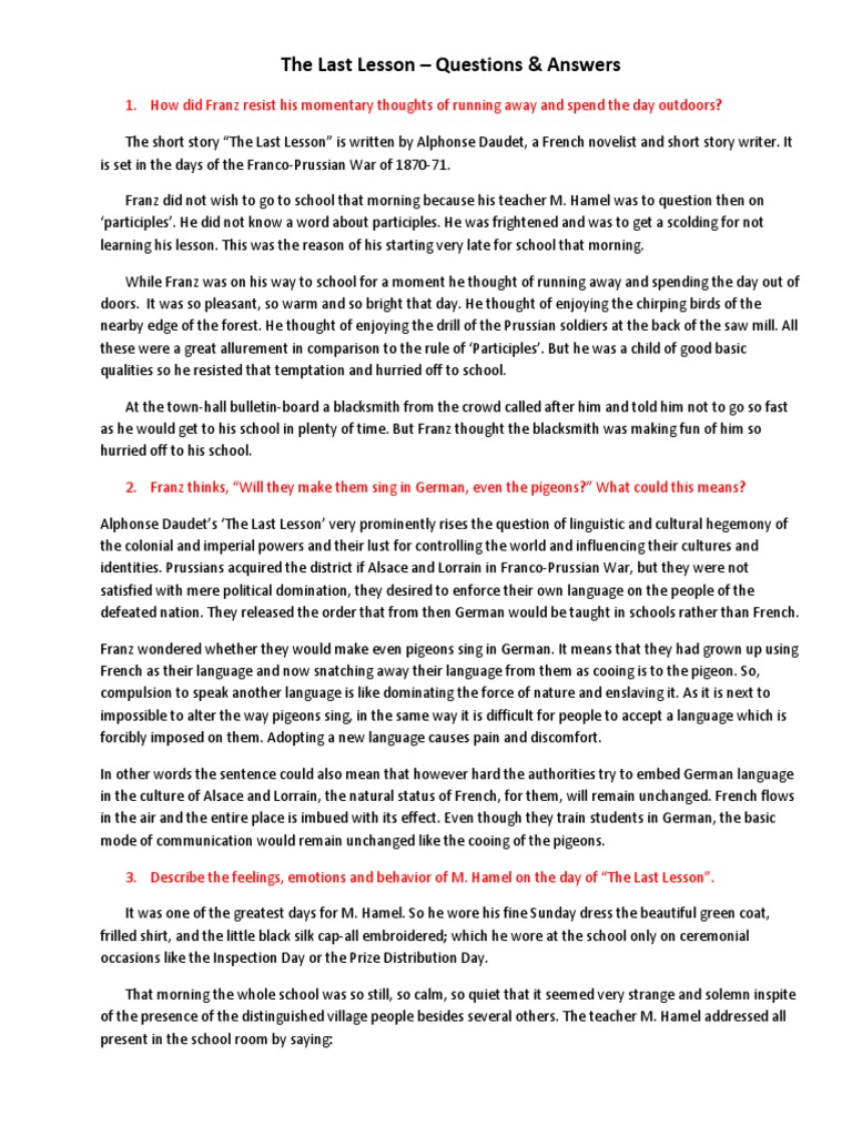 The Last Lesson - Questions & Answers | PDF | Languages