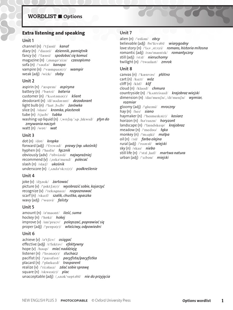 New English Plus 3 Units Options Teachers Resource Disk Wordlists | PDF ...