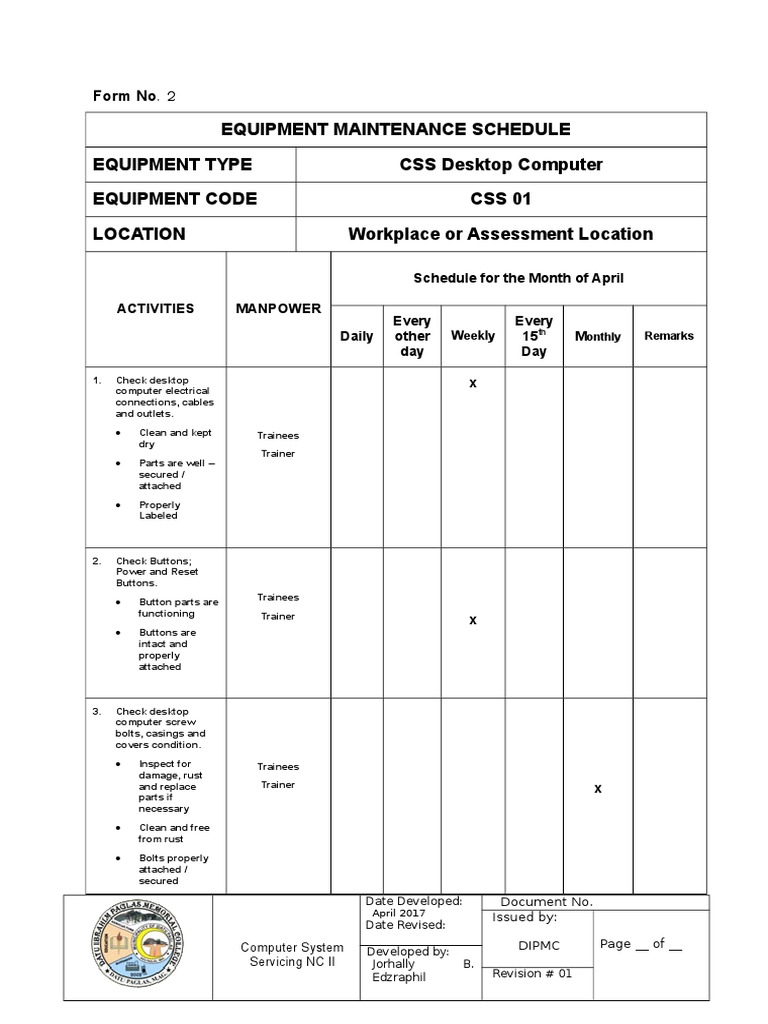 Form 2 - Equipment Maintenance Schedule | Equipment | Electrical ...