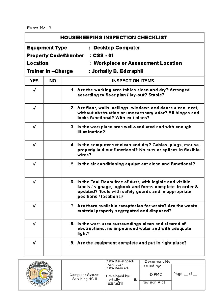 Form 3 - Housekeeping Inspection Checklist | Equipment | Electrical ...