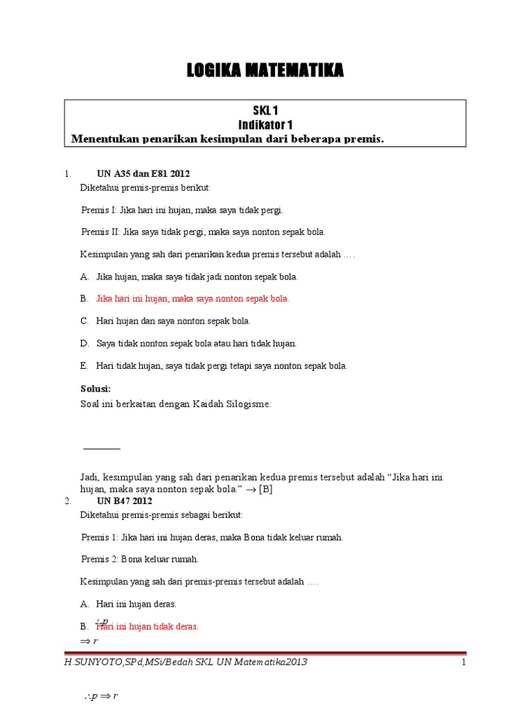 Kesimpulan dari Premis Logika Matematika | PDF | Metode & Bahan Ajar ...