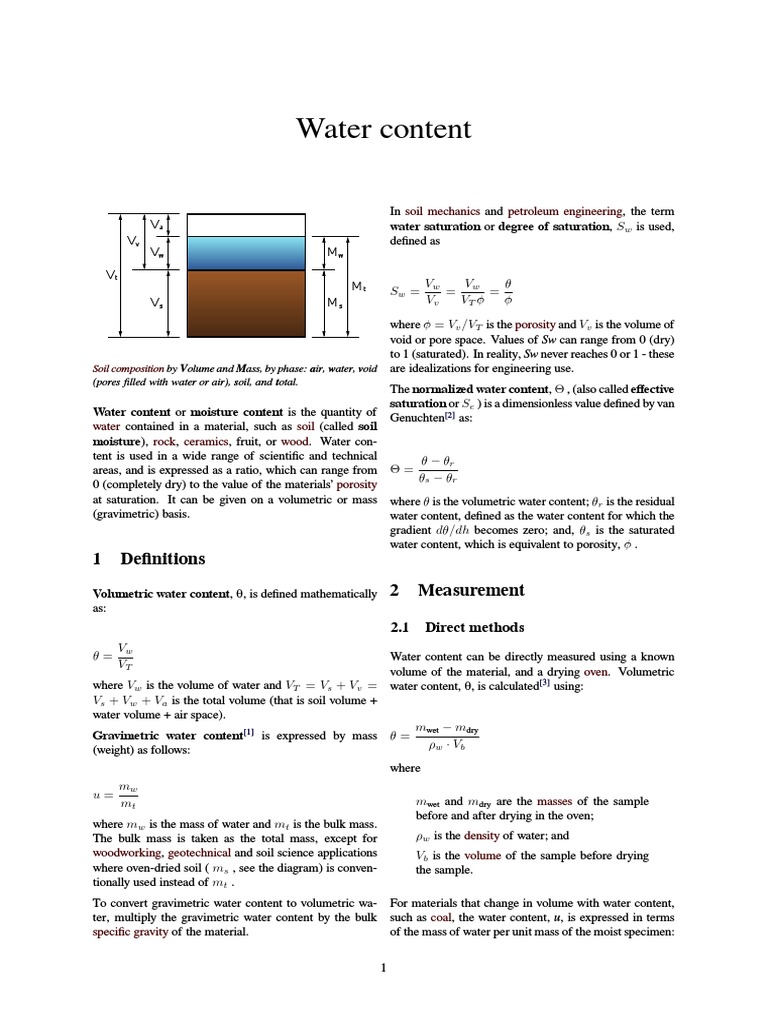 Water Content: 1 Definitions 2 Measurement | PDF | Porosity | Soil