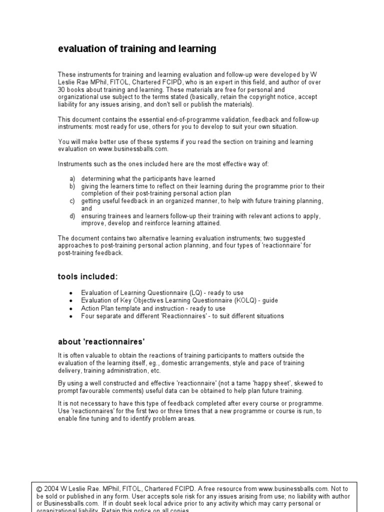 Training Evaluation Tools | PDF | Evaluation | Learning