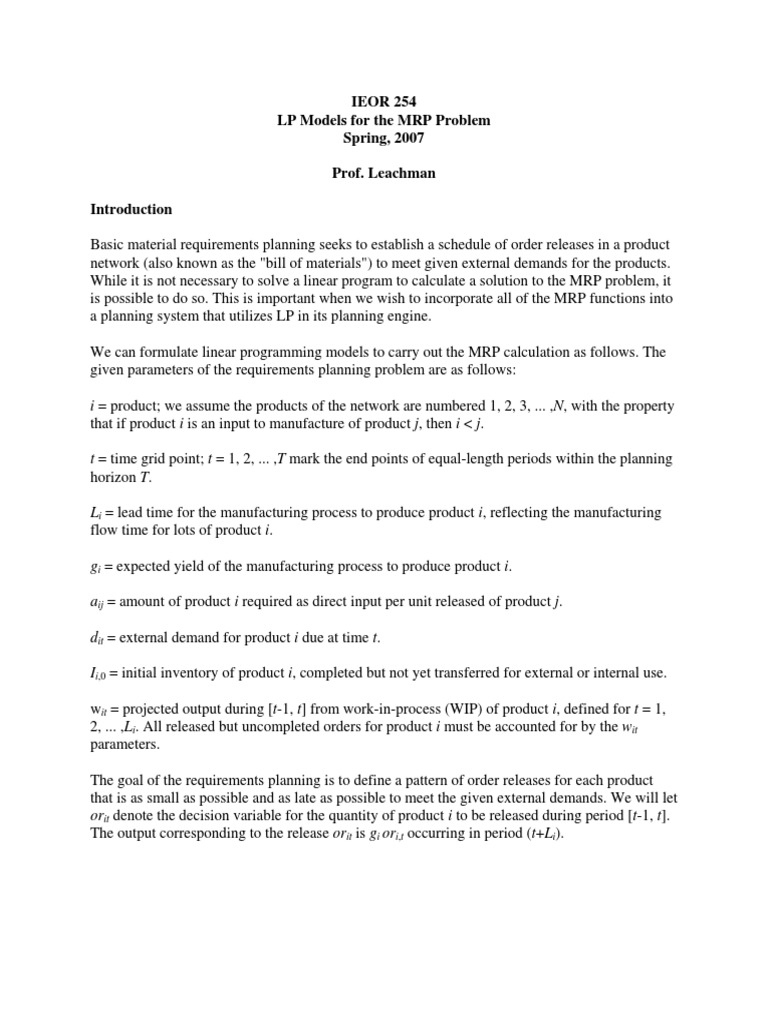 MRP As An LP Notes | PDF | Analysis | Mathematical Analysis