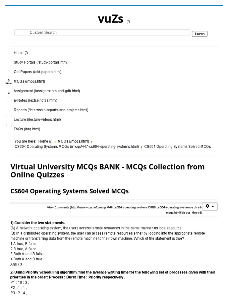 CS604 OS MCQs for VU Students | PDF | Computer Data Storage | Operating System
