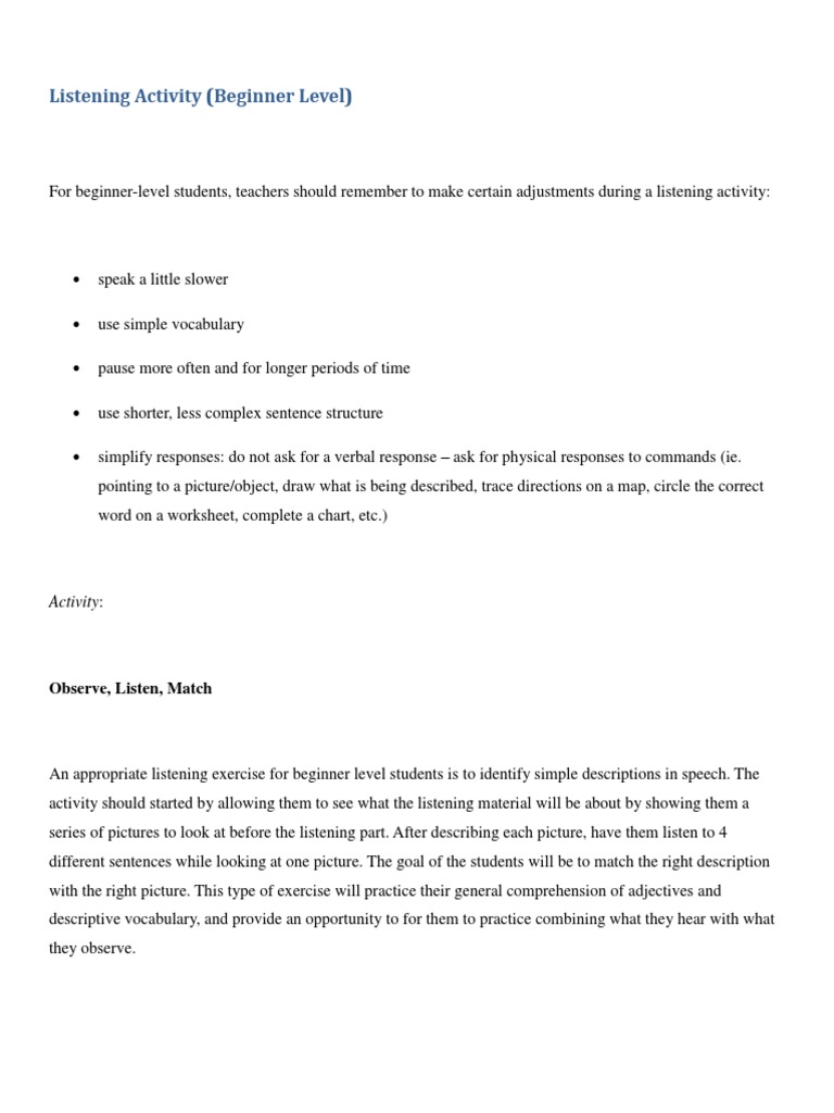 Beginner Listening Exercises Guide | PDF | Reading Comprehension ...