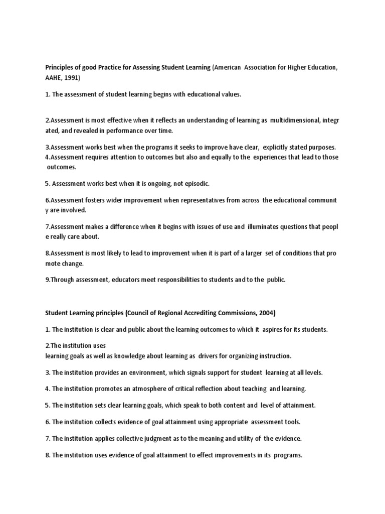 Principles of Good Practice For Assessing Student Learning (American ...