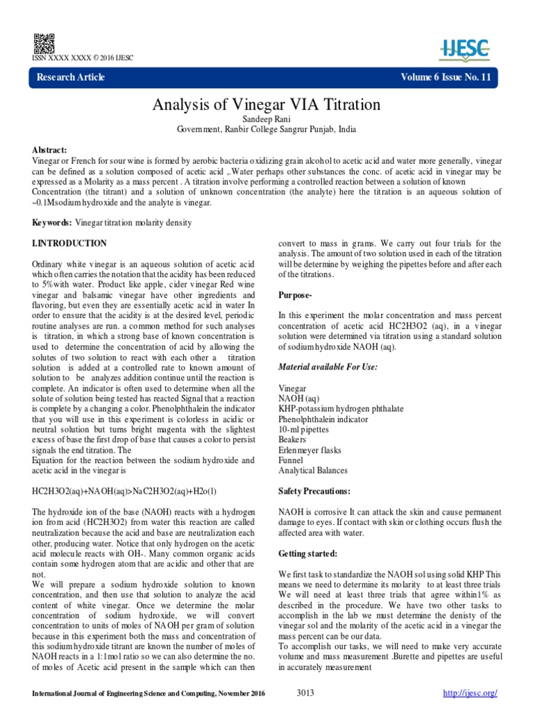 Analysis of Vinegar Via Titration | PDF | Titration | Chemistry