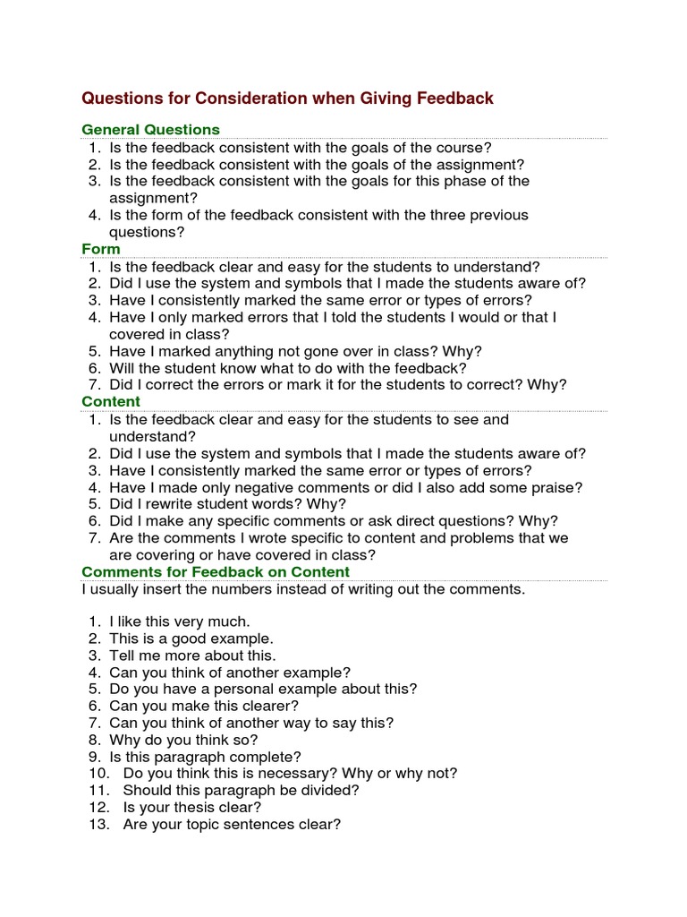 Questions For Consideration When Giving Feedback | PDF | Paragraph ...