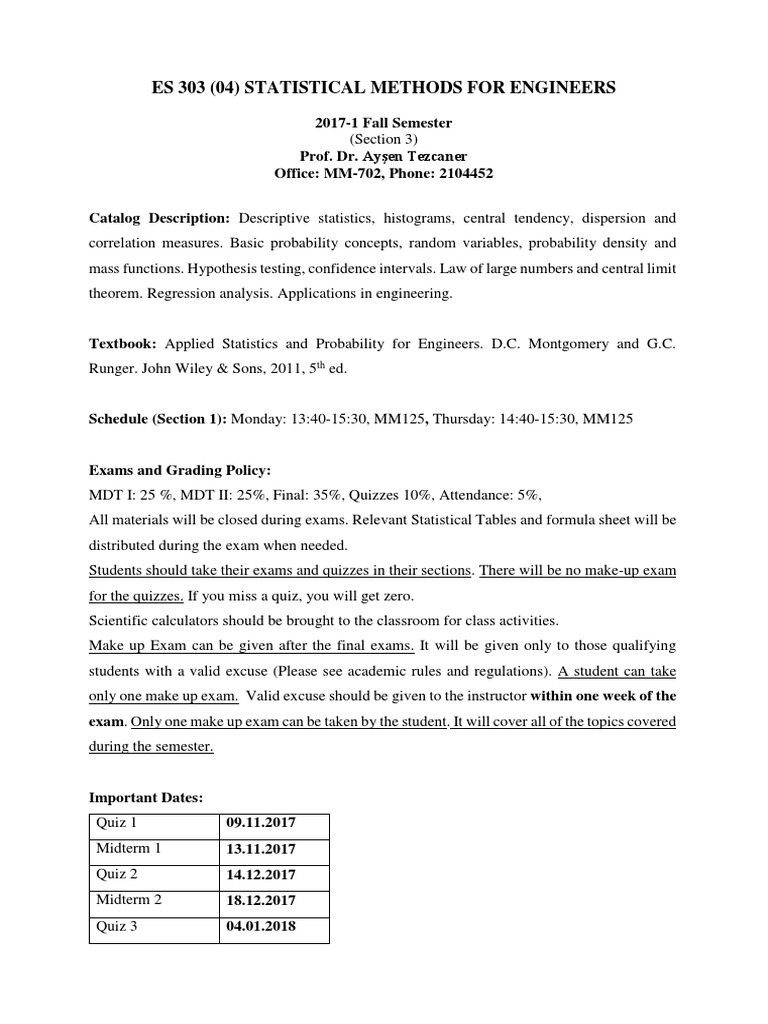 Es 303 (04) Statistical Methods For Engineers | PDF | Probability Distribution | Variance
