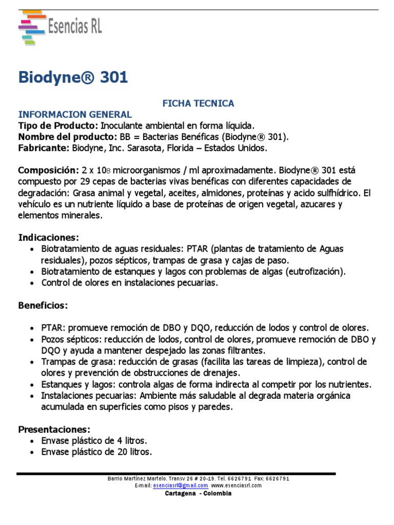 BIODYNE 301 Presentacion - Esencias RL | PDF | Aguas residuales ...