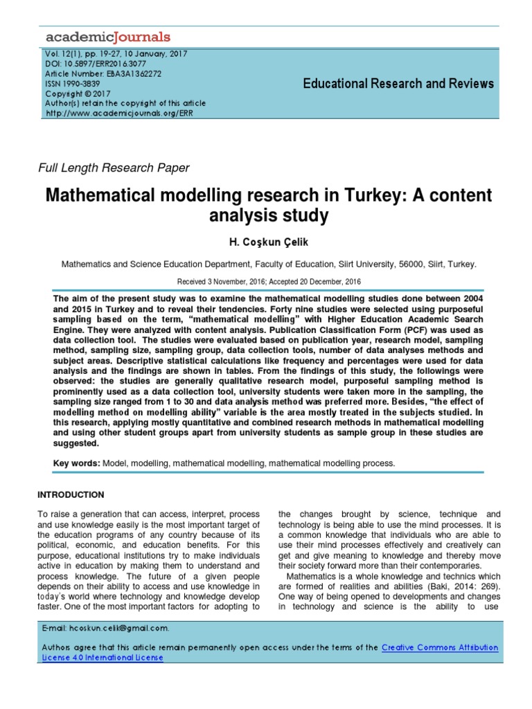 1.mathematical Modelling Research in Turkey A Content Analysis Study ...