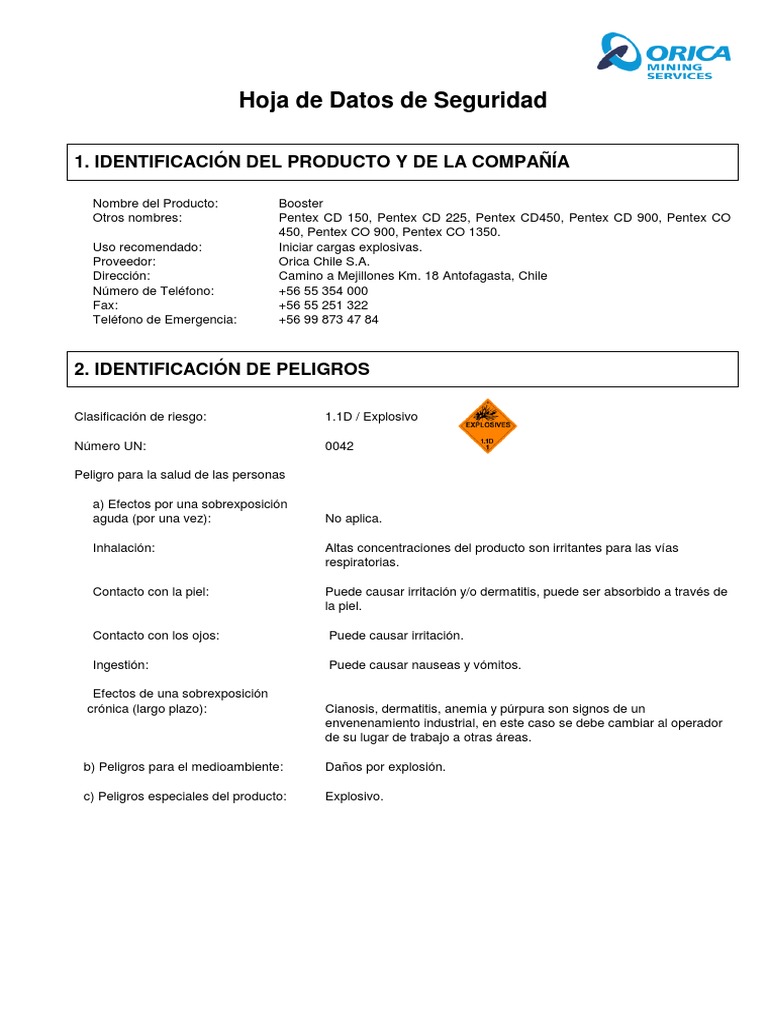 Msds BOOOSTER ORICA | PDF | Material explosivo | Agua