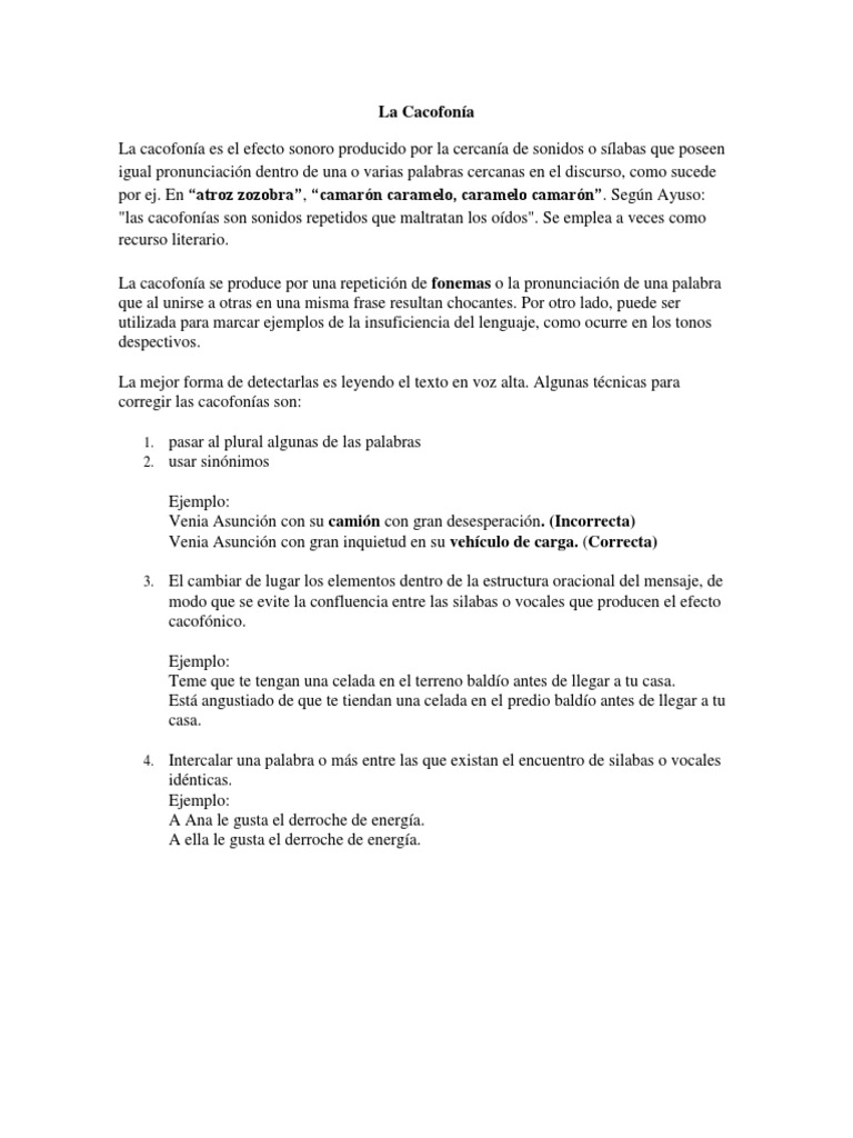 La cacofonía: definición, características y ejemplos | PDF | Palabra ...