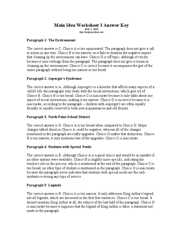 Main Idea Worksheet 3 Answer Key | PDF | Paragraph | Asperger Syndrome