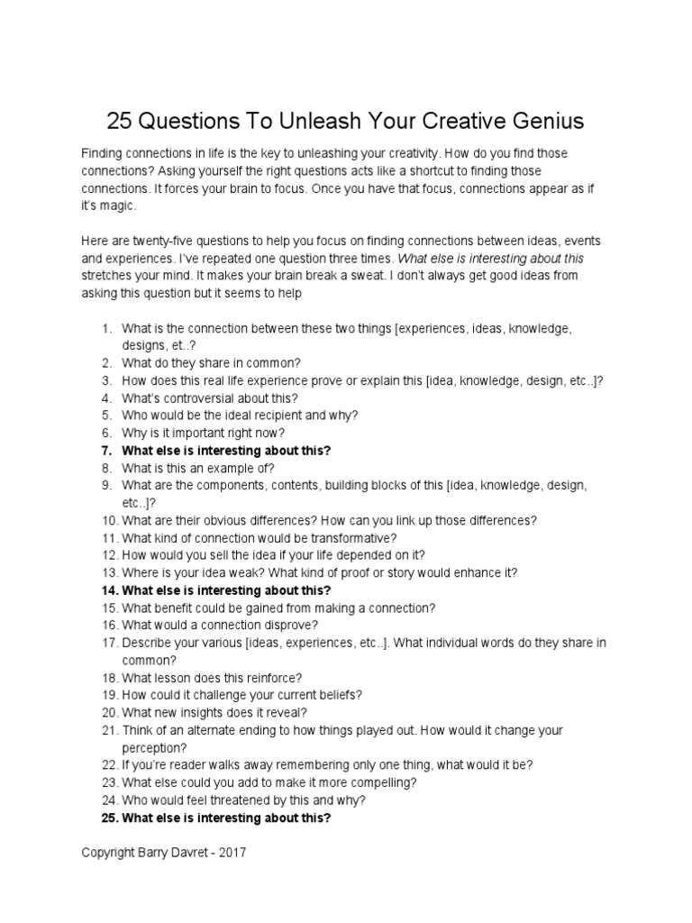 25 Questions To Unleash Your Creative Genius | PDF | Self-Improvement