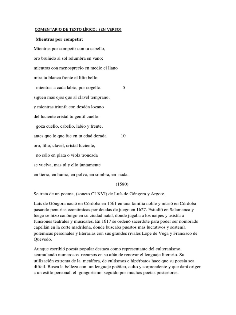Análisis Soneto CLXVI de Luís de Góngora y Argote - Mientras Por ...