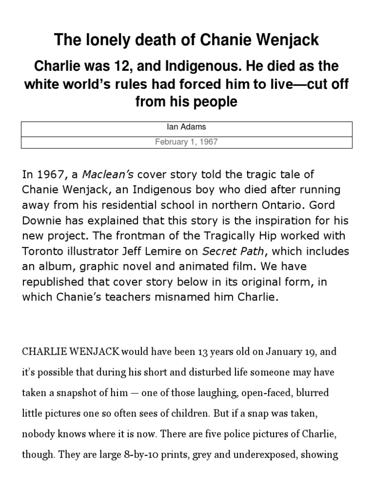 The Lonely Death of Chanie Wenjack | PDF | Nature
