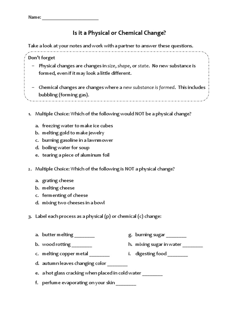 Chemical And Physical Changes Worksheet