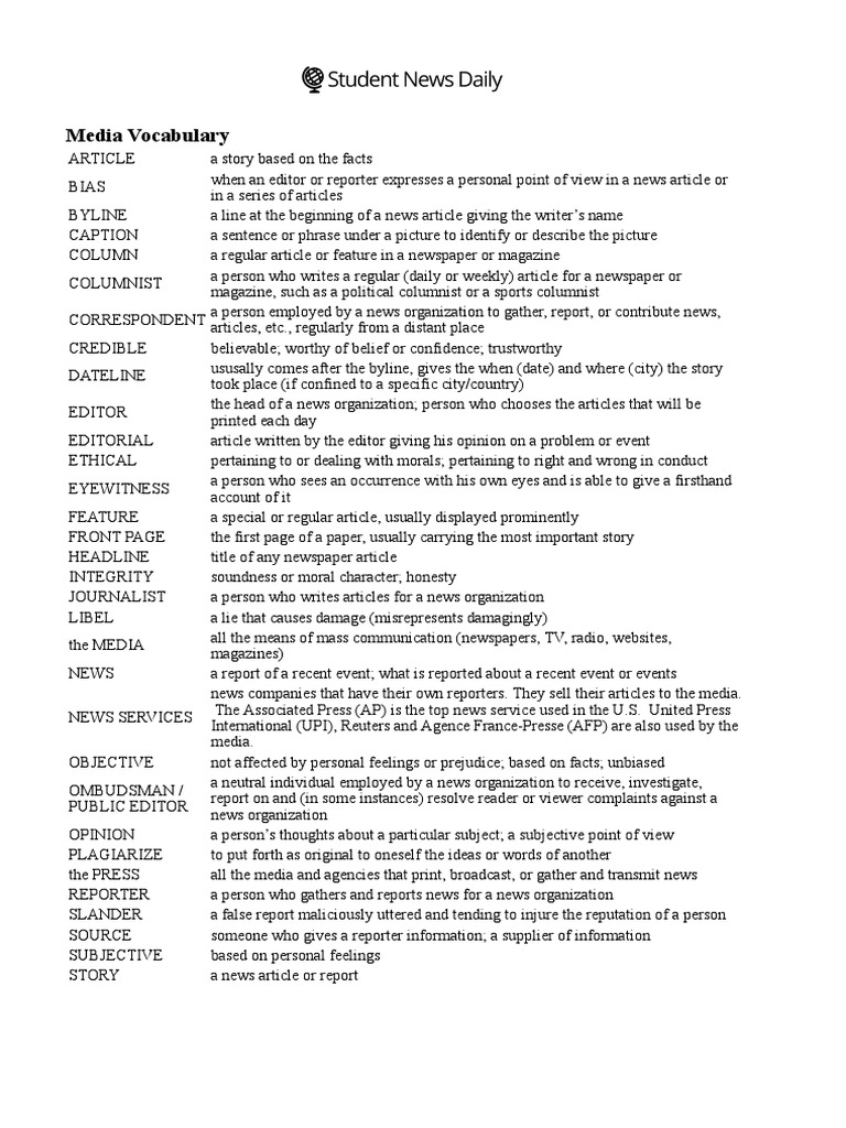 Student News Daily Media Vocabulary | PDF | News | News Media