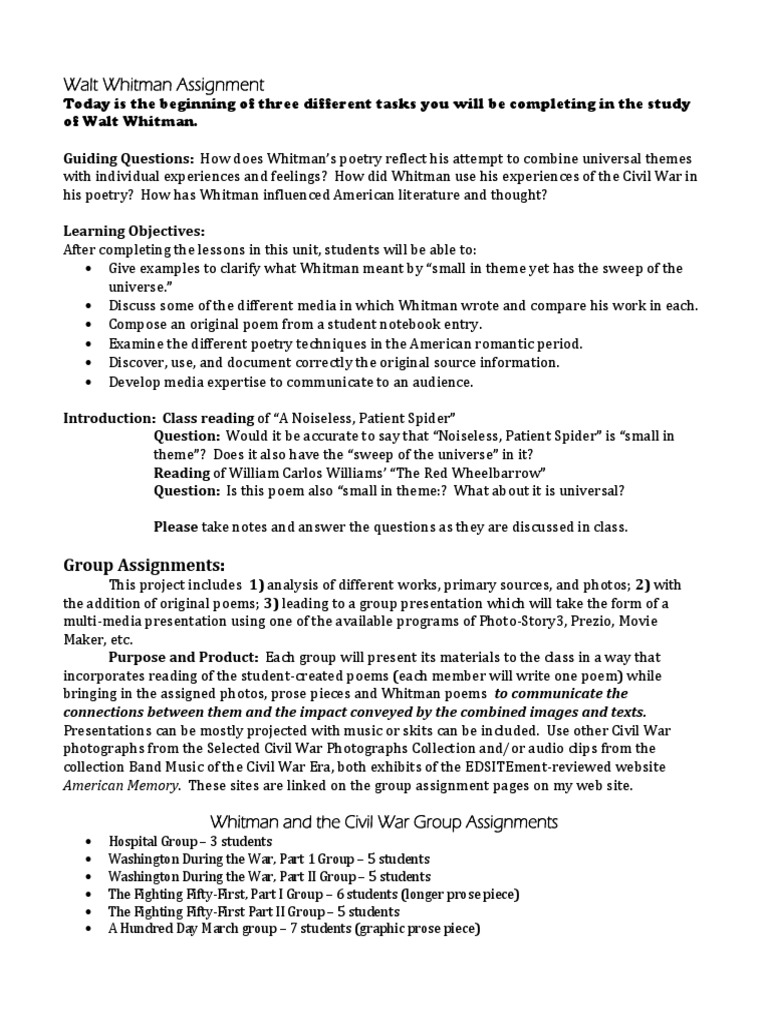 Whitman Assignment | PDF | Walt Whitman | Websites