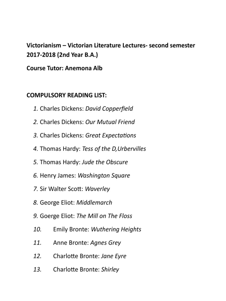 Victorian Literature Course Reading List | PDF