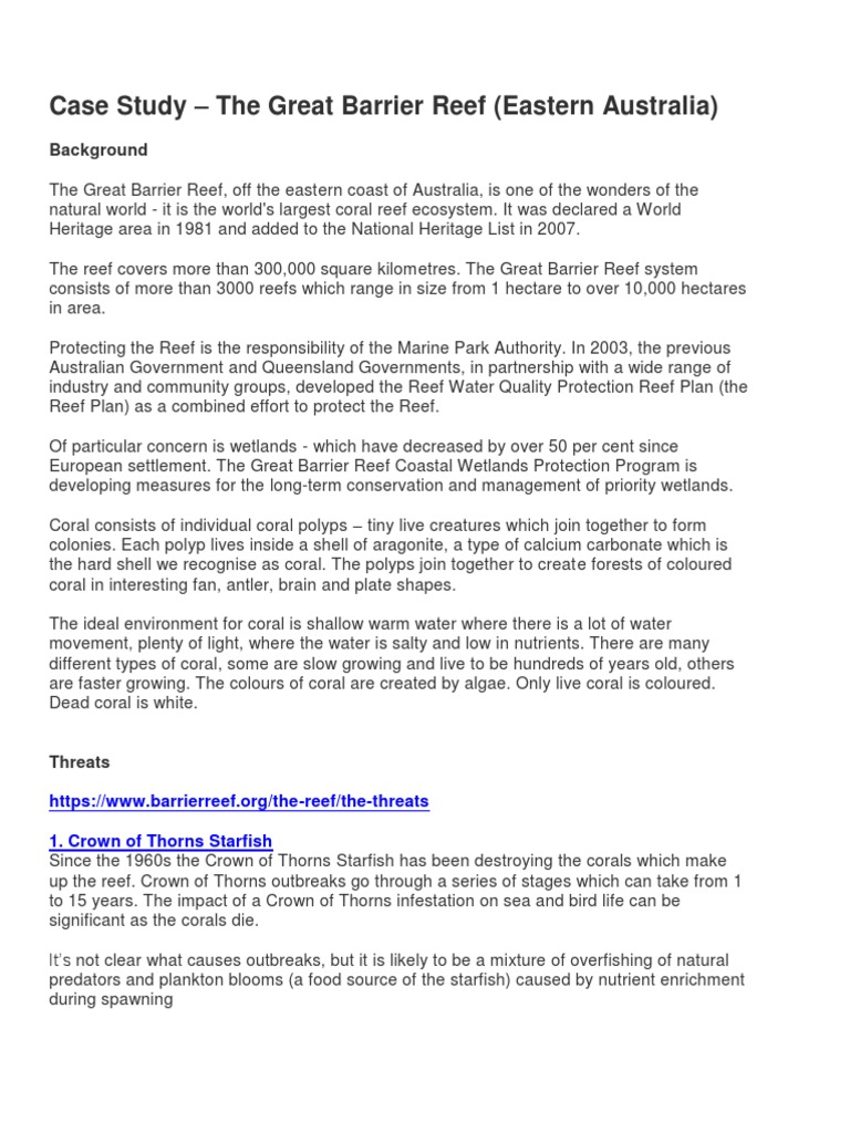 Case Study - The Great Barrier Reef | PDF | Coral Reef | Habitat