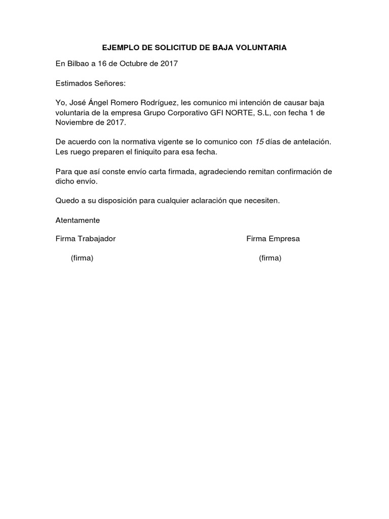 Ejemplo de Solicitud de Baja Voluntaria