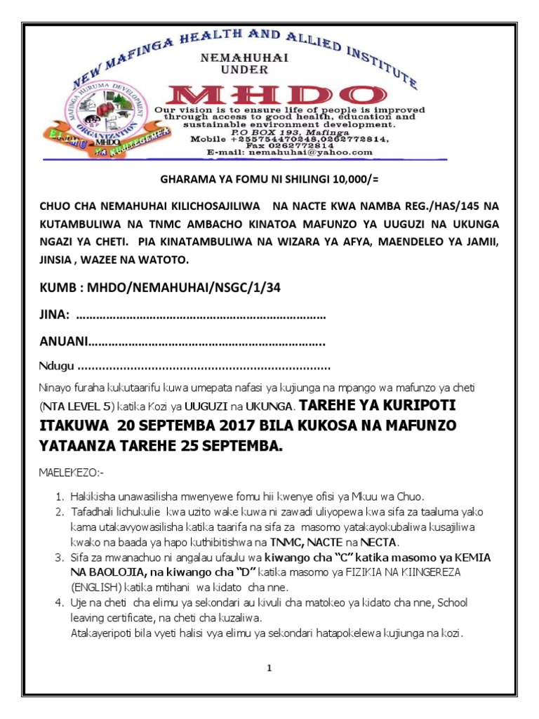 Fomu Ya Kujiunga Na Masomo Ya Uuguzi Na Ukunga Iliyotafsiliwa Kiswahili ...