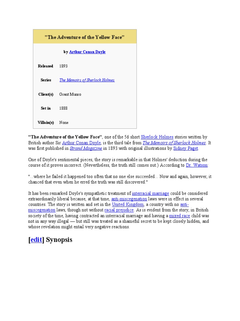 The Adventure of The Yellow Face | PDF | Sherlock Holmes Short Stories ...