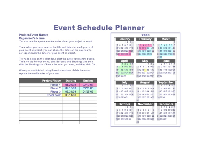 Event Schedule Planner: Project/Event Name: Organizer's Name | PDF