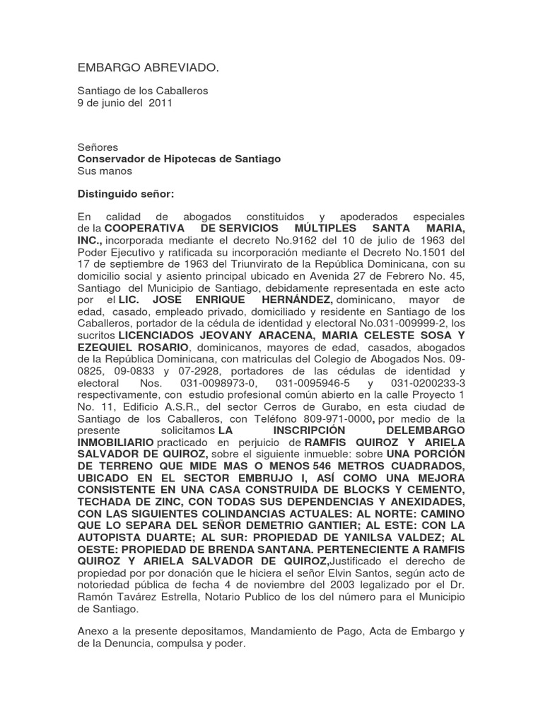 Solicitud de inscripción de embargo inmobiliario y certificación del ...
