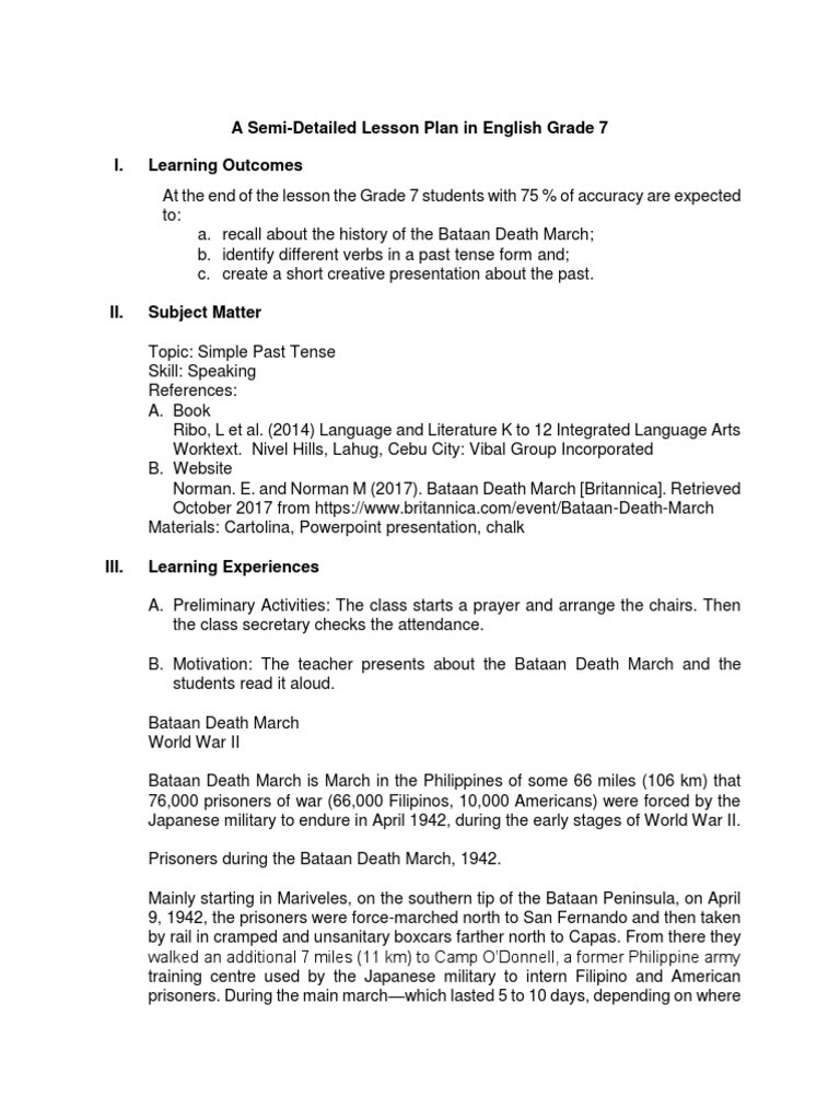 A Semi-Detailed Lesson Plan in English Grade 7 I. Learning Outcomes ...