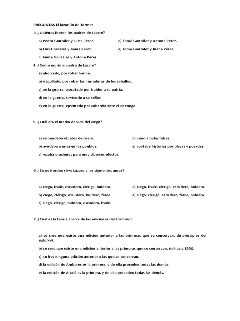 PREGUNTAS El Lazarillo de Tormes | PDF | Humor