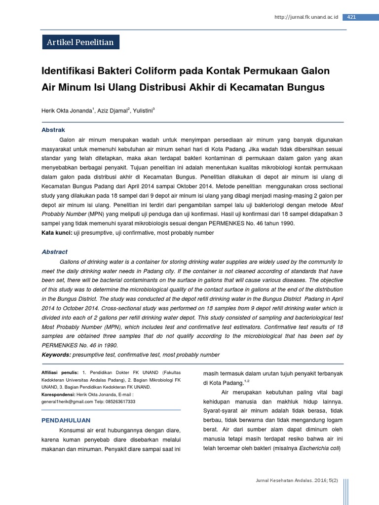 Identifikasi Bakteri Coliform Di Galon PDF | PDF