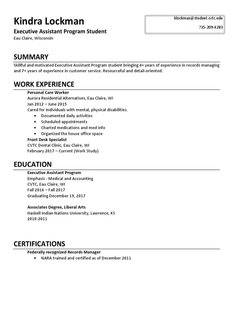 Kindra Lockman's Executive Assistant Profile | PDF