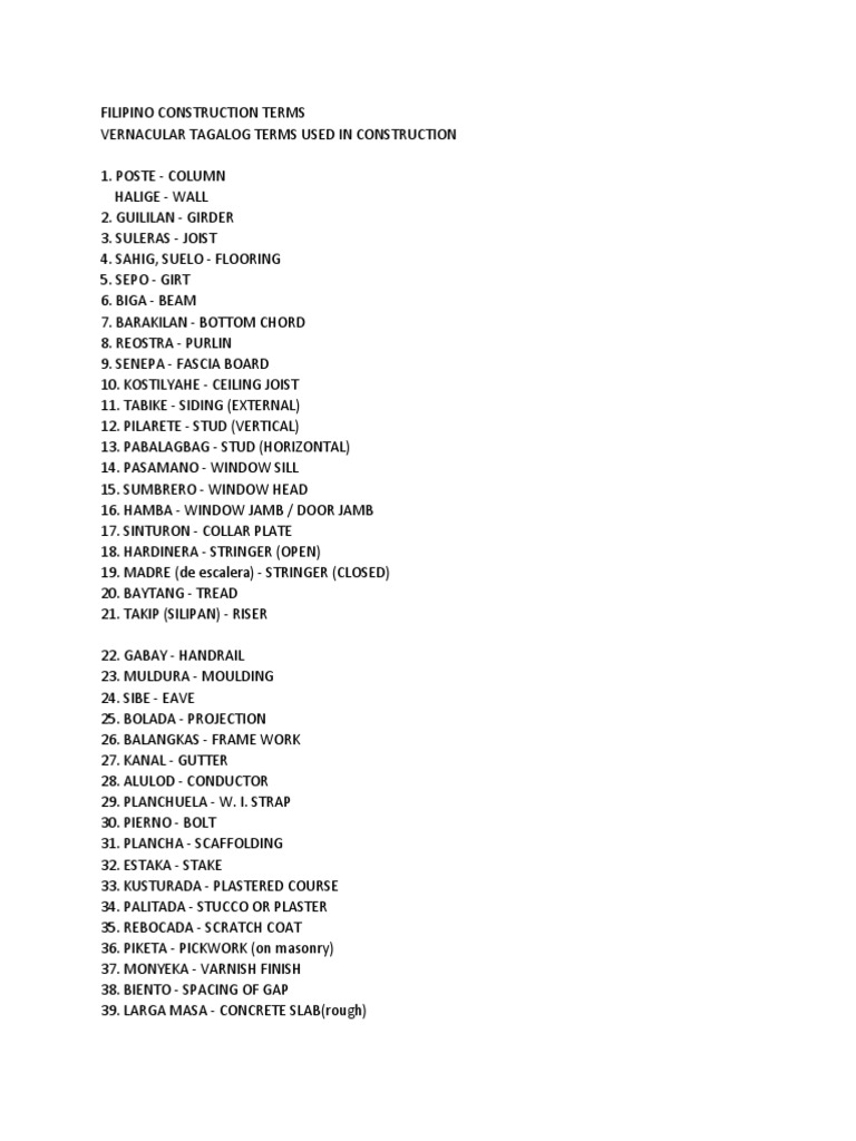 Filipino Construction Terms | PDF | Cooking, Food & Wine