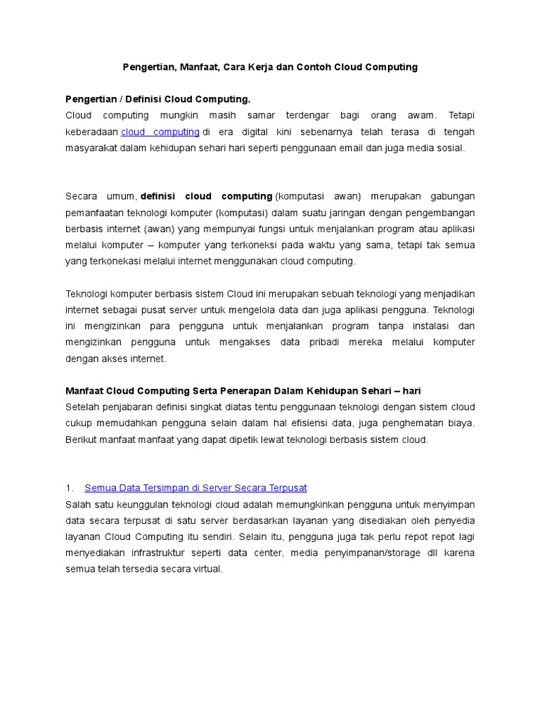 Pengertian Manfaat, Cara Kerja Dan Contoh Cloud Computing | PDF