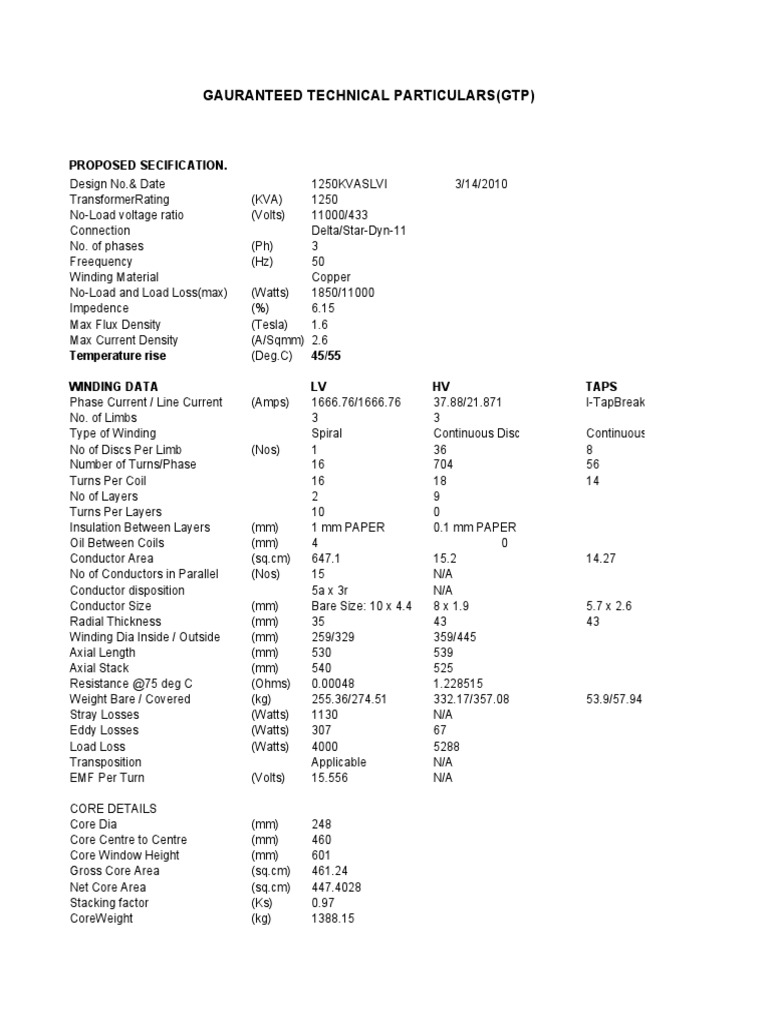 1250kva GTP | PDF | Transformer | Electrical Equipment
