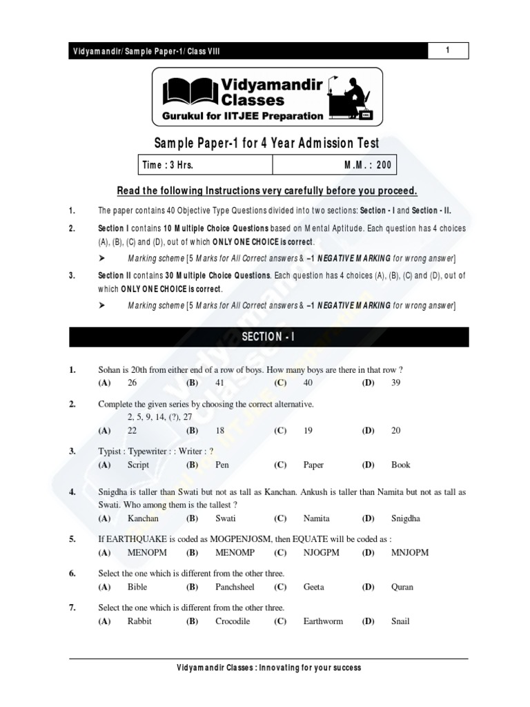 Sample Paper-1 For 4 Year Admission Test: Read The Following ...