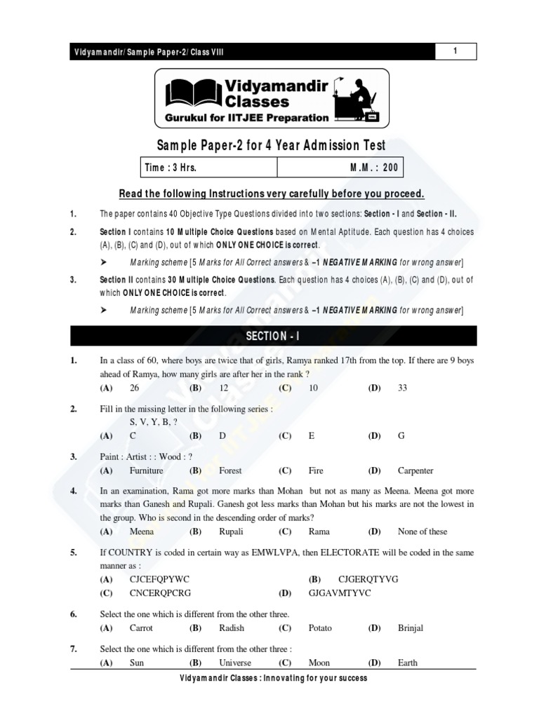 Sample Paper-2 For 4 Year Admission Test: Read The Following ...