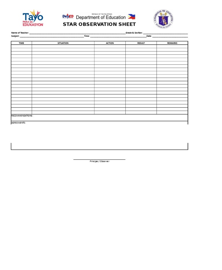 Star Observation Sheet: Recommendations: Agreements | PDF