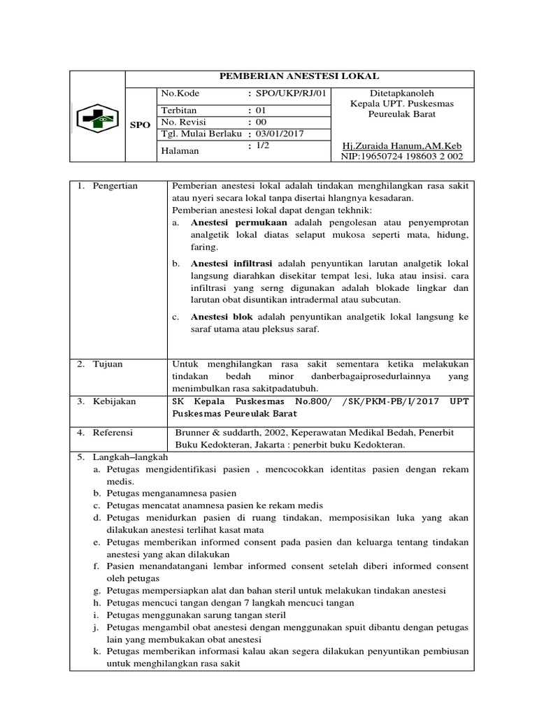 SOP Anastesi Lokal | PDF