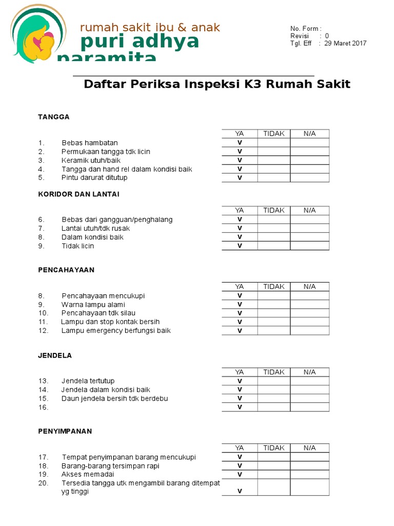 Form Checklist Inspeksi K3 Rumah Sakit | PDF