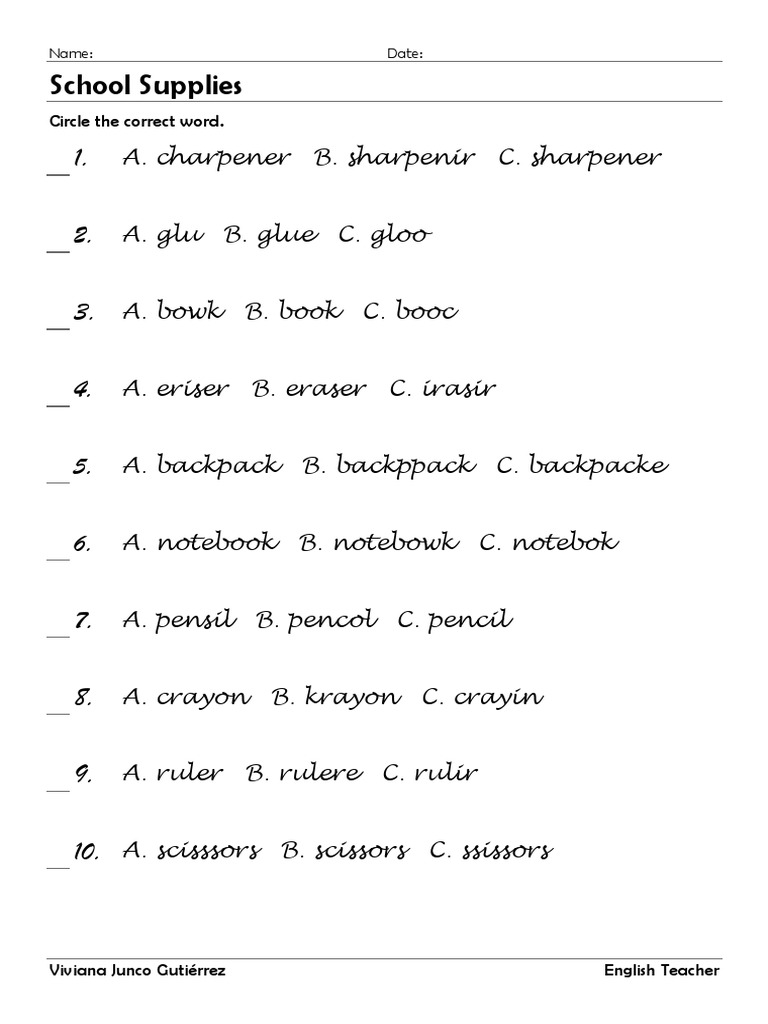 School Supplies: Circle The Correct Word | PDF