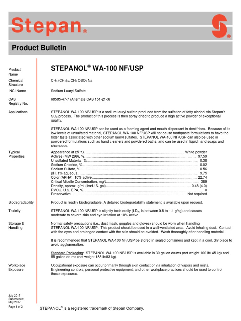 STEPANOLWA100NFUSP | PDF | Sodium Dodecyl Sulfate | Chemical Substances